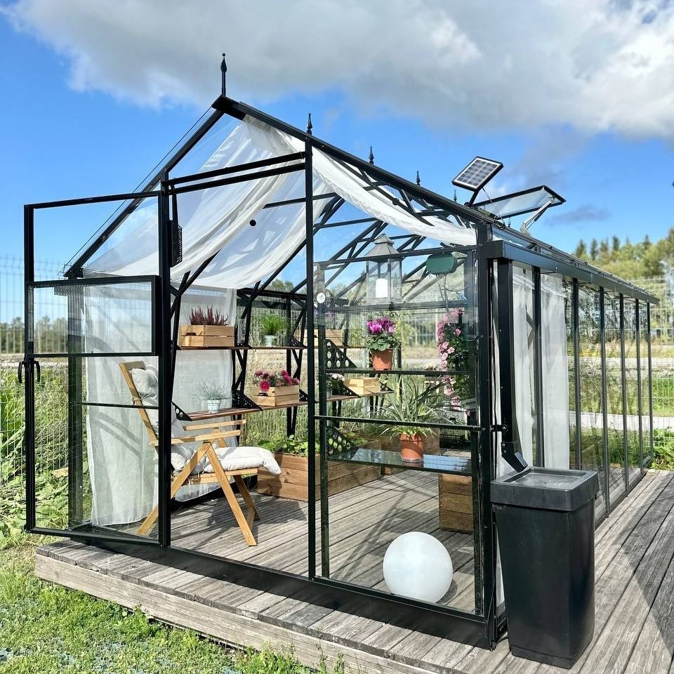 Even-span greenhouse - EH Lux Black - Glass Greenhouse - Ecoslider ...