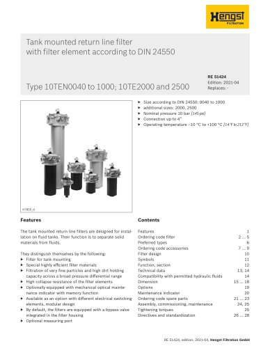 Tank mounted return line filter with filter element according to DIN ...